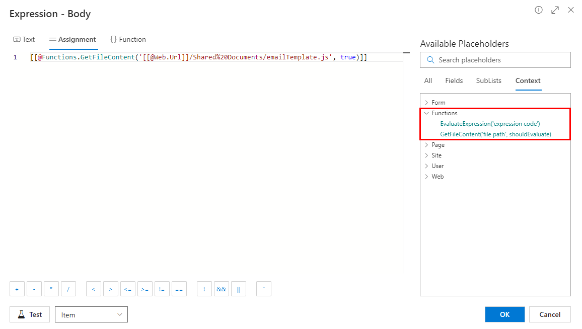 Context placeholders in expression builder – skybow Portal